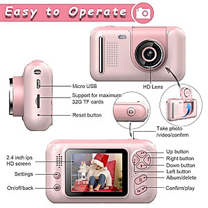 Acuvar Full 1080P Kids Selfie Flip Lens HD Digital Photo & Video Rechargeable Camera with 2" Screen, Matching Handheld Tripod, 32GB Card, Memory Card Case, Card Reader & Micro USB Charging (Pink Kit)