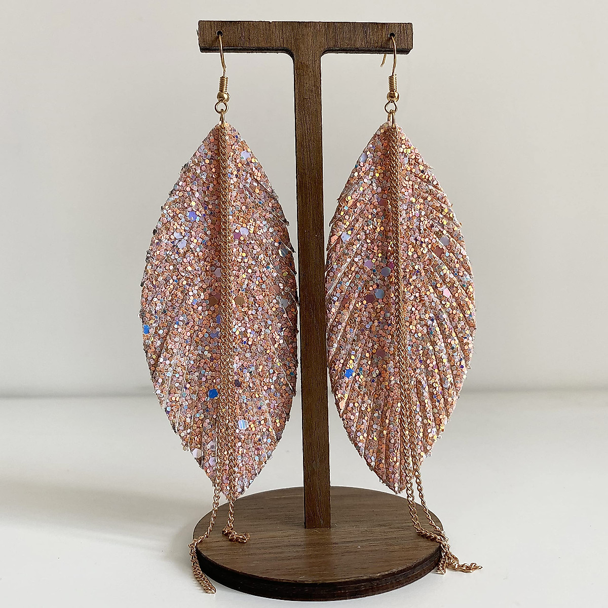 JIUIQL Unique Handmade Fashion Large Leopard Soft Leather Fringe Feather Dangle Drop Color Earrings Lightweight Faux Leather Sparkly Shine Glitter Leaf Earring for Women Statement Jewelry Gifts (Pink)