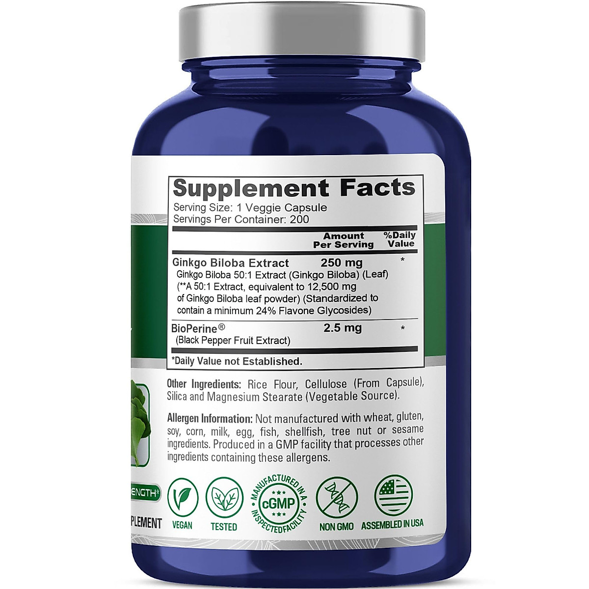 NusaPure Ginkgo Biloba Extract 12,500mg per Veggie Caps 200 Capsules (Vegetarian, Non-GMO, Vegan, Extract 50:1) Bioperine
