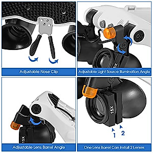Head Mount Magnifier, Headband LED Illuminated Magnifier with Interchangeable Cold and Warm Lights, Magnifying Glass Lamp with 3X, 4X, 5X, 6X, 7X, 10X, 6 Detachable Lens, for Close Work, Jewelry