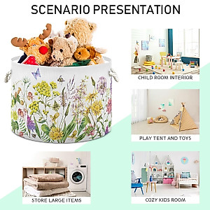 linqin Large Collapsible Cotton Rope Basket Wildflower Floral Laundry Basket 20 x 14 Inches Storage Basket Organizer for Toys, Pillows, Cushions in Living Room, Home Decor