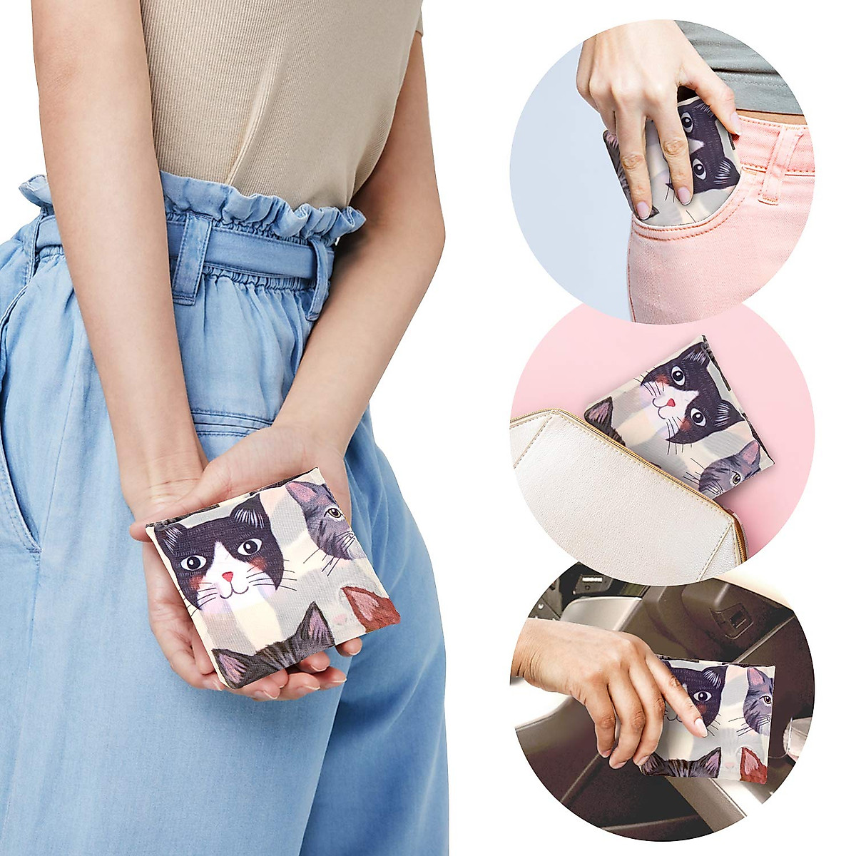 NymphFable 6 Pack Grocery Bags Reusable Cute Cat Animal Shopping Bags Washable Foldable Waterproof 50LBS