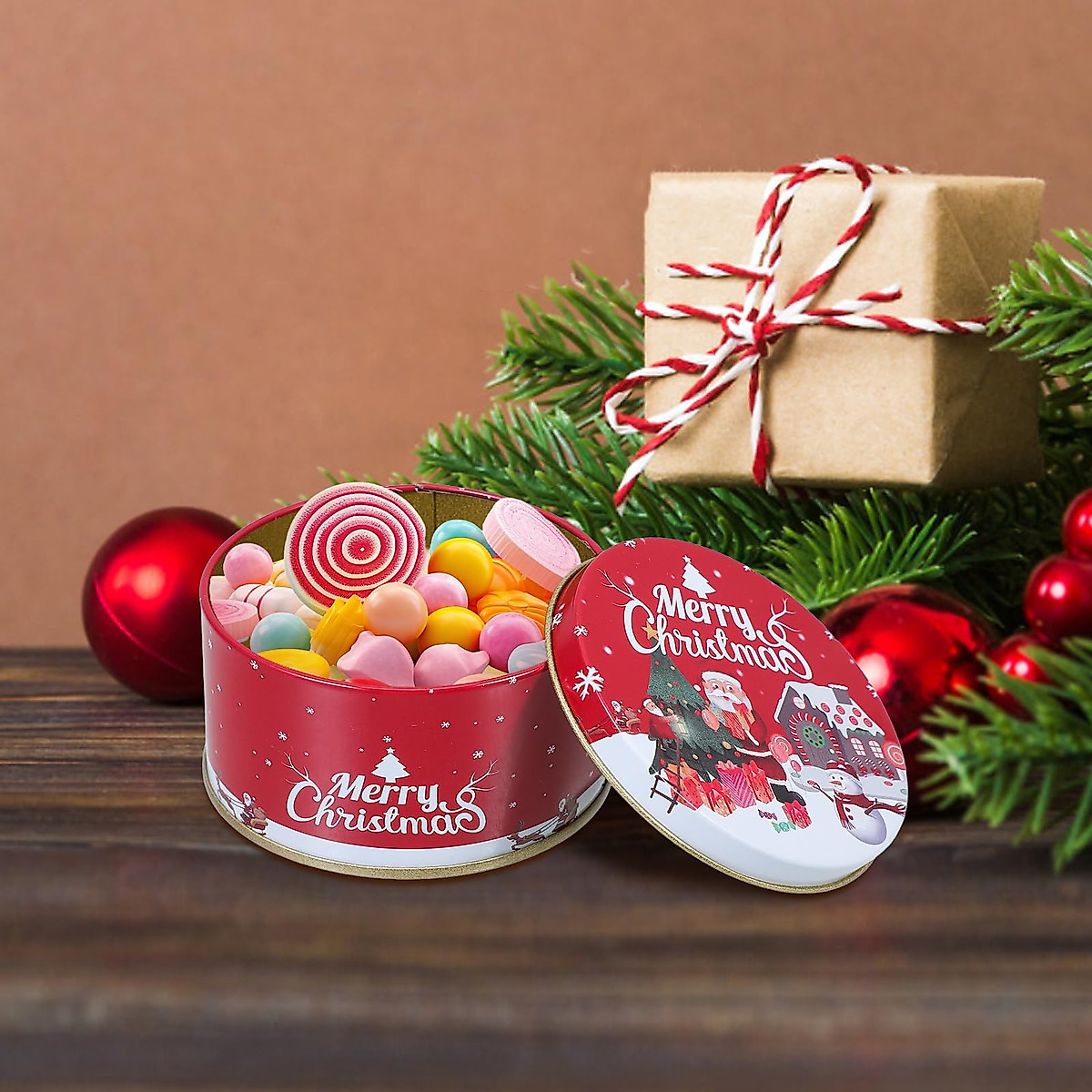DOITOOL 12 Pcs Christmas Cookie Tin with Lids,Round Metal Cookie Box Christmas Candy Jars,Festive Cookie Containers Xmas Tin Box,Christmas Tinplate with Lids for Storing Candies Biscuits Treat
