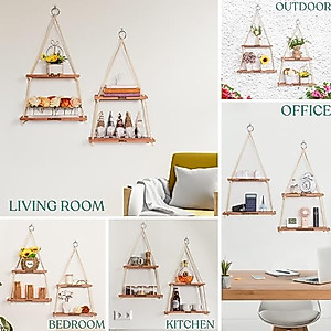 Hanging Shelves for Wall, Hanging Plant Shelf, Wooden Boho Shelves for Fall Bedroom Decor, Floating Rope Shelves Boho Wall Hanging Decor Living Room Wall Shelfs, Small Hanging Wall Shelves Bathroom