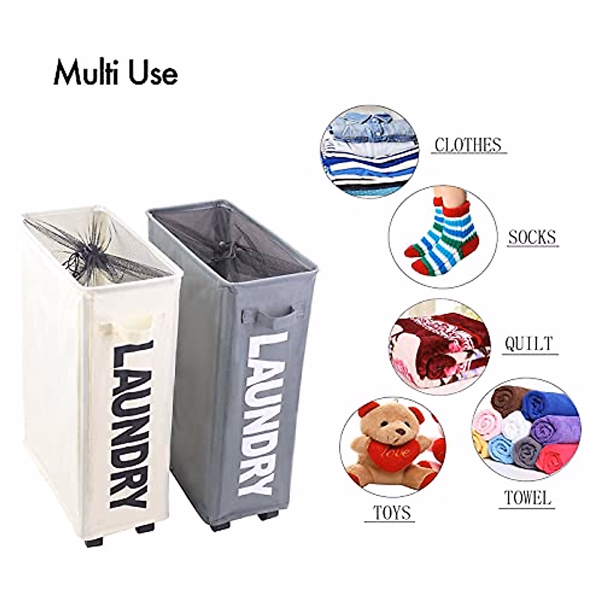 Mziart 22" Rolling Laundry Baskets on Wheels, Collapsible Slim Laundry Hamper Canvas Flexible Laundry Bag Storage Bin Organizer Dirty Clothes Sorter for Laundry Room Organization and Storage (Grey)