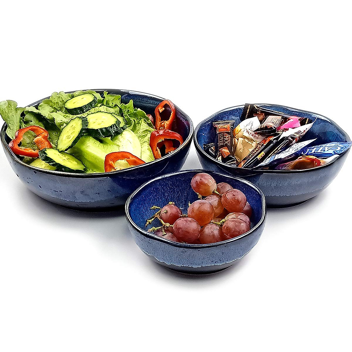 EWEIGEER Creative Kiln Variant Ceramic Salad Pasta Serving Bowl Cereal Snack Dessert Porcelain Bowls Set of 3.Small Medium and Large