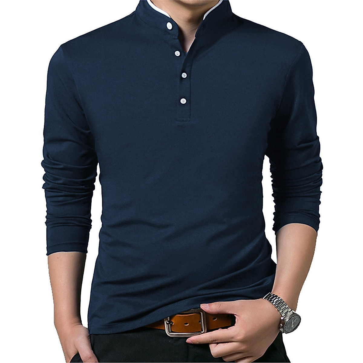 KUYIGO Men’s Casual Slim Fit Shirts Long Sleeve Polo Shirts Cotton Shirts Medium Navy