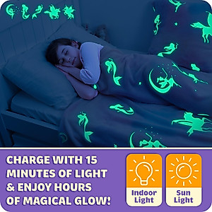 GLOWY DREAMS Glow in The Dark Blanket & Pillow Case Set - 50 x 60 in Kids Blanket & 18 x 18 in Pillowcase, 300GSM Mermaid Unicorn Blanket, Girl Blankets Kids Throw Blanket for Ages 3 to 10