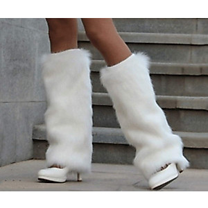 Acrylic Long Leg Warmer with Faux Fur Legwarmers for Women(White)
