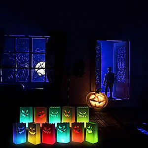 Fainne 24 Pcs Halloween Pumpkin Silhouette Luminary Paper Bags Jack O Lantern Bags Flame Resistant Candle Bag Halloween Candle Holder Bag with 24 Colorful LED Light Pumpkin Tealight for Halloween