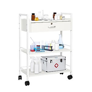 biosp Salon Trolley Cart, 3 Tier Trolley On Wheels, Wooden Medical Dental Esthetic Mobile Untility Cabinet with Steel Frame, White Rolling Storage Station with 1 Lockable Drawer for Spa, Massage