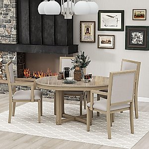 BIADNBZ 5-Piece Dining Table Set with Two-Size Extendable Butterfly Leaf Tabletop(Round to Oval) and Four Upholstered Chairs with Armrests, for Kitchen, Natural Wood Wash