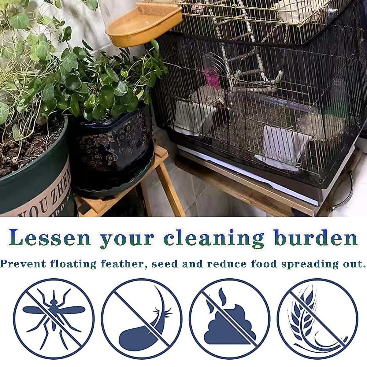 LWFCOEE Bird Cage Seed Catcher, Large Bird Cage Skirt Guard, Adjustable Soft Nylon Mesh Bird Cage Netting for Round Square Bird Cages Circumference 60-86"