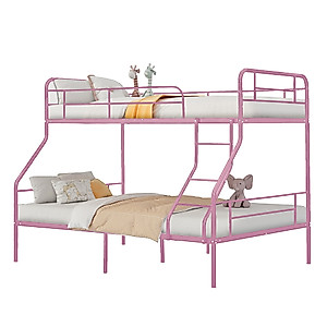 Bunk Bed Twin Over Full, Bunk Beds Twin Over Full with Metal Guardrail and Ladder, Space-Saving, Heavy Duty Queen Bunk Bed for Boys, Girls, Teens, Adult,No Box Spring Needed (Pink)