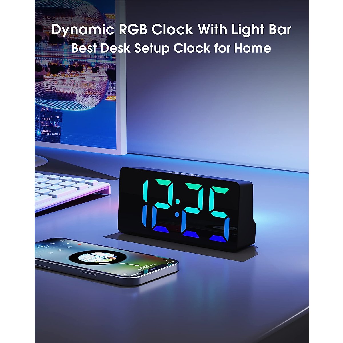 Mesqool Dynamic RGB Clock with Large Display Big Bold Numbers,Super Loud Alarm Clock for Bedroom,Heavy Sleepers,USB Charger,Snooze,Ambient Light,Dimmer,Small Bedside Desk Shelf Digital Clock for Teens