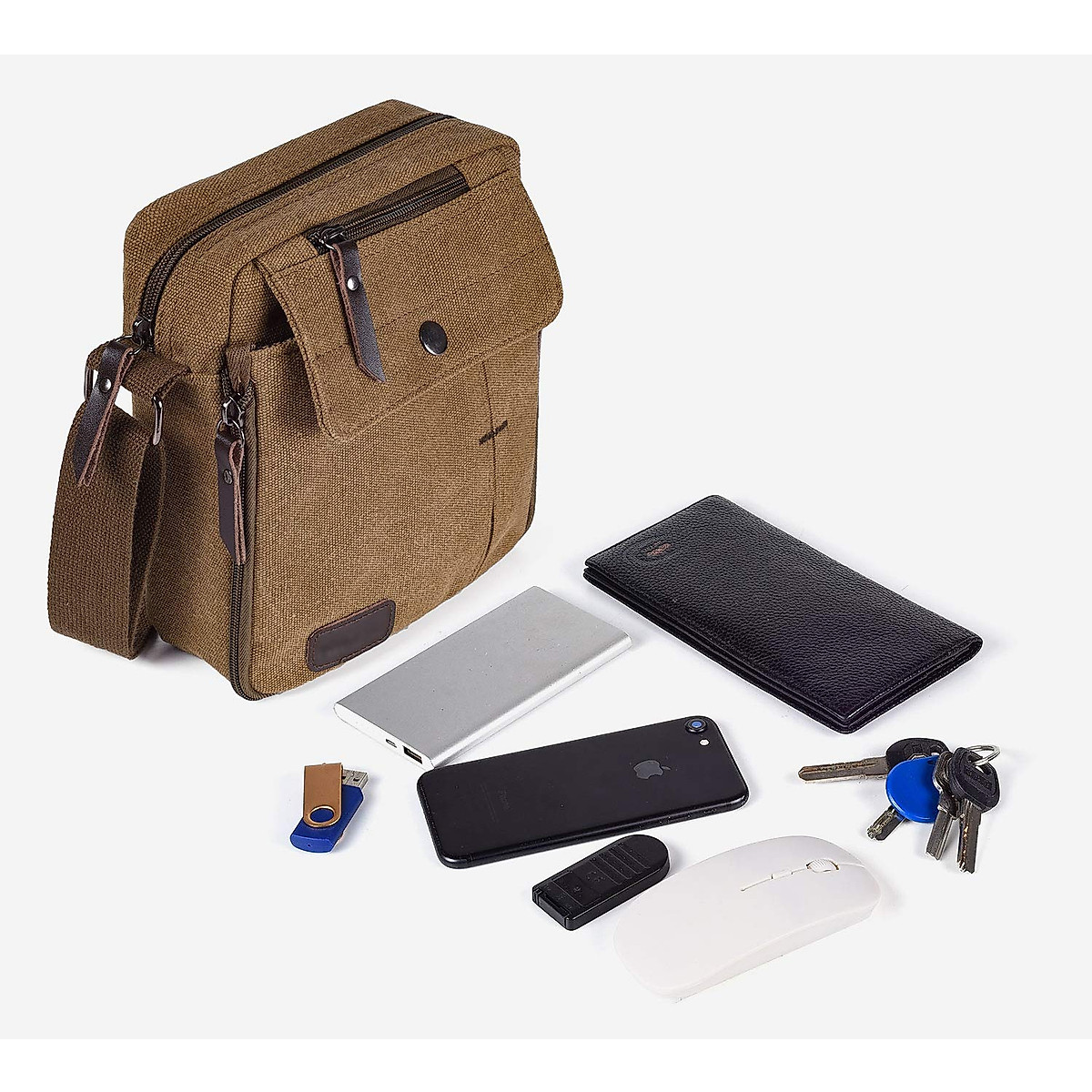 Vintage Canvas Cross Body Casual Shoulder Bag, Multipurpose Messenger Bag Purse Briefcase Travel Organizer Bag Multi-pocket Handbag , Coffee