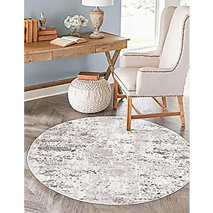 Unique Loom Eos Collection Area Rug - Borealis (7' Round, Stone Gray/Ivory)