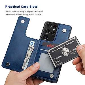 Onetop Compatible with Samsung Galaxy S21 Ultra Wallet Case with Card Holder, PU Leather Kickstand Card Slots Case, Double Magnetic Clasp and Durable Shockproof Cover 5G 6.8 Inch(Blue)