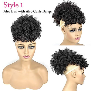Allyreetress Afro Puff Drawstring Ponytail with Bangs Pineapple Updo Hair for Black Women,Short Kinky Curly Ponytail Bun with 2 Replaceable Bangs(#1B-Black)