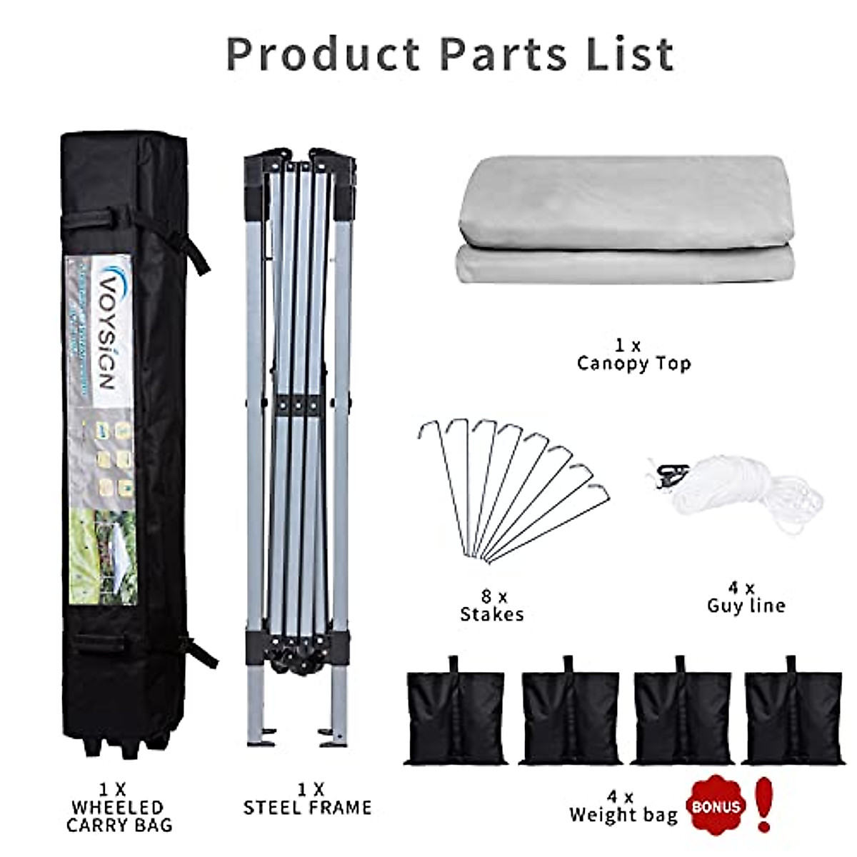 VOYSIGN 10x10 Pop Up Canopy Tent, Outdoor Instant Sun Shelter, White Color, Included 1 x Rolling Storage Wheeled Bag, 4 x Weight Bags, 4 x Guylines, 8 x Stakes…