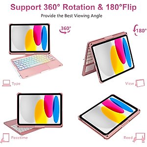 Touchpad iPad 10th Generation Case with Keyboard 10.9" 2022, Magic 360°Rotatable & Swivel Keyboard with Multi-Touch Trackpad, 7 Color Backlit with Pencil Holder for Latest iPad 10th Gen 2022 Rose Gold