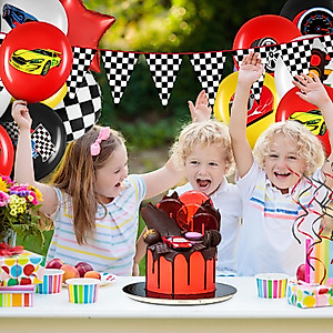 Glimin 54 PCS Race Car Balloons Race Car Party Decorations Race Car Birthday Supplies Red Black Yellow Wheel Tire Balloon with Checkered Balloons Banner for Two Fast Birthday Party Decorations