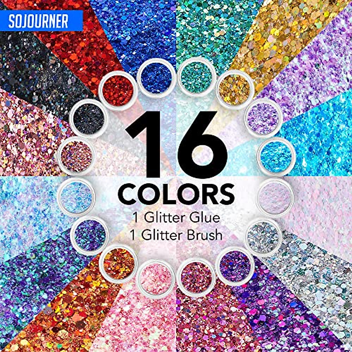 Chunky Holographic Body Glitter I 16 Colors + Glitter Glue for Face Glitter Makeup, Hair, Eye & Fine Glitter Eyeshadow - Perfect for Halloween, Slime, Resin, Tumblers, Craft, Cosmetic & Nail Art
