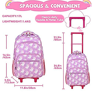 VASCHY Rolling Backpack Kids, 17in Water Resistant Large Schoolbag Carry-on Travel Trip Bag with Wheels for Girls Unicorn