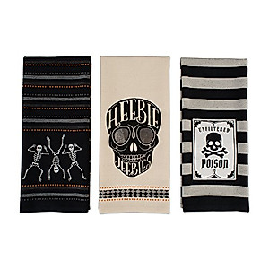 DII Happy Halloween Dishtowel Collection Embellished Cotton Kitchen Hand Towel Set, 18x28, Skeleton, 3 Count