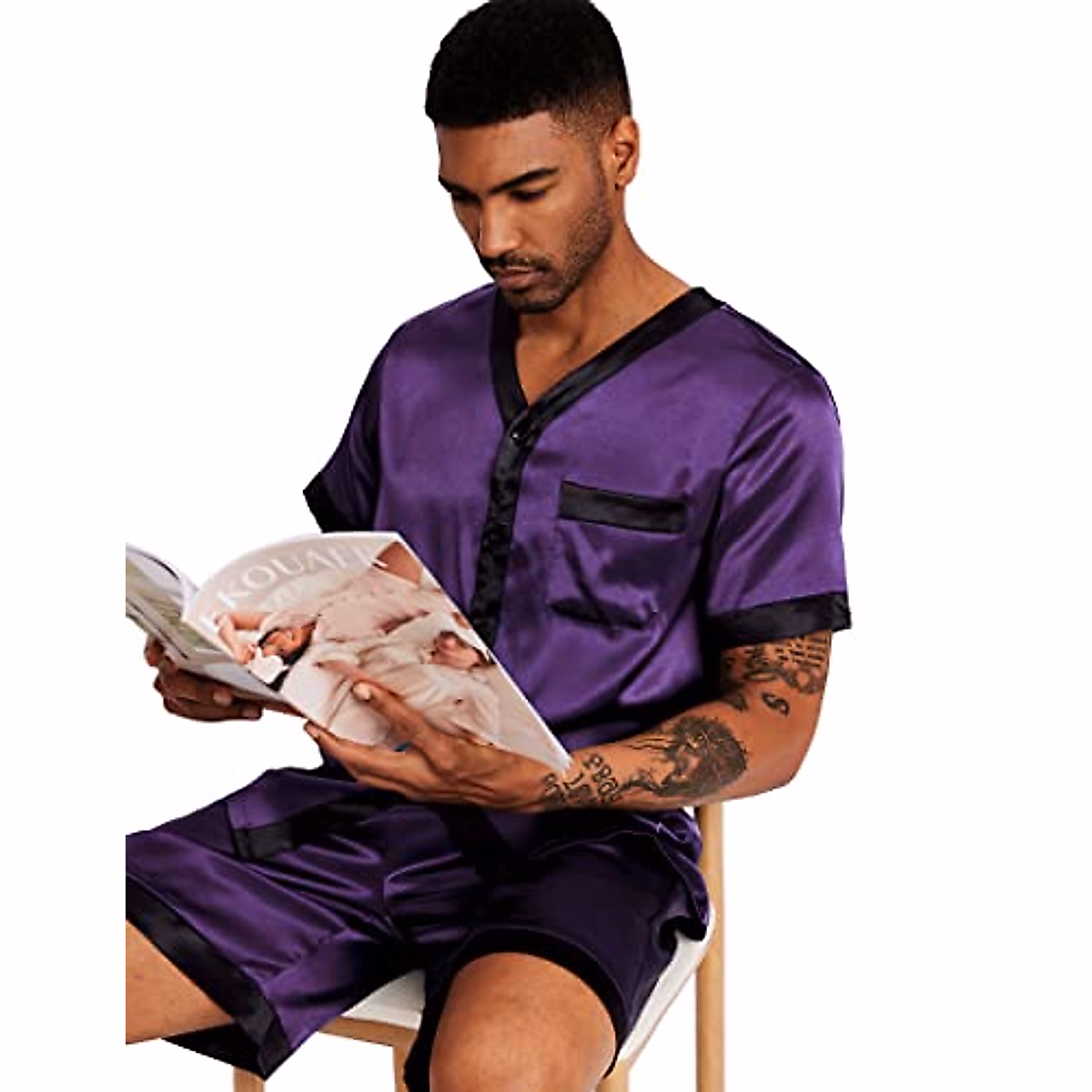 Ekouaer Silk Pajamas for Men Satin Pajama Shorts 2 Piece Button Down Pj Set V Neck Sleepwear Loungewear with Pockets S-XXL Purple