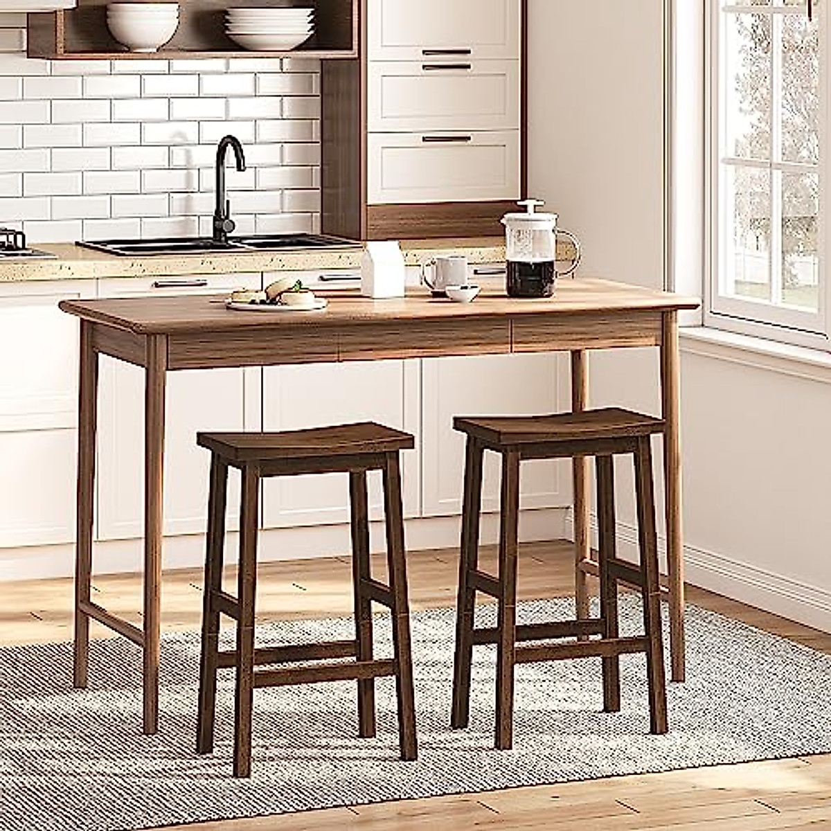 HOOBRO Bar Stool Set of 2, Bamboo Bar Chairs, 26 Inches Kitchen Counter Stools with Footrest, Saddle Stools, for Living Room, Dining Room, Party Room, Industrial Style, Mocha MA03MD01