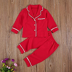 Toddler Baby Button-Down Pajamas Set, Cotton 2-PCS-PJs Set Shirt and Pants Sleepwear for Unisex Kids (Red,18-24 Months)
