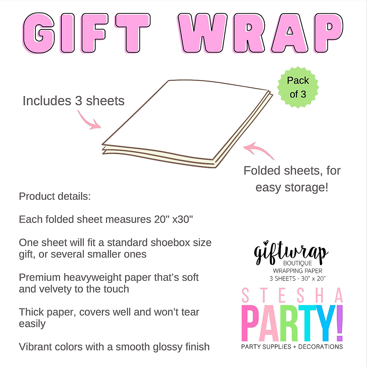 Stesha Party Dinosaur Gift Wrapping Paper Birthday Wrap Folded Flat 30 x 20 Inch (3 Sheets)