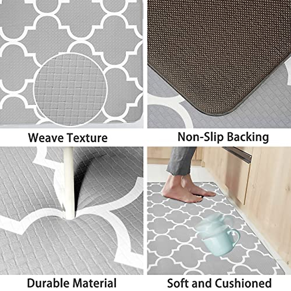EARTHALL Kitchen Mat [2 PCS] Cushioned Anti-Fatigue Floor Mat, Waterproof Non-Slip Grey Trellis Kitchen Rug Runner Ergonomic Comfort Standing Mat for Kitchen, Home, Office, Sink, Laundry, Desk