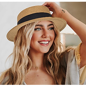 Women's Wide Brim Sun Hat Straw Panama Hat - UV-Protection Summer Boater Fedora Beach-Sun-Hats(M-L)