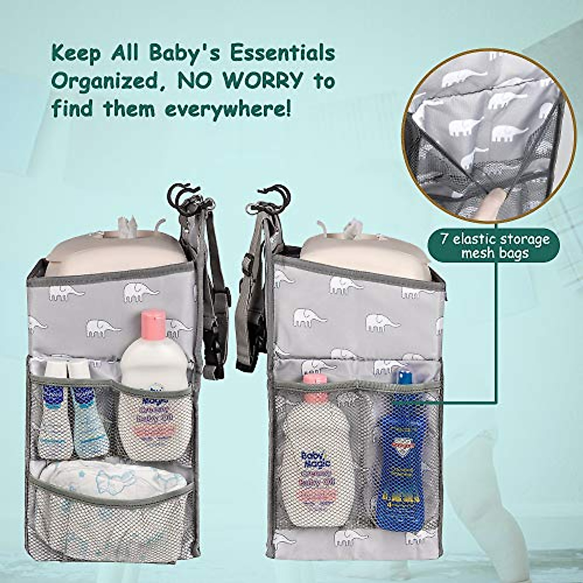 Hanging Nursery Organizer and Baby Diaper Caddy, Selbor Diapers Stacker Storage Bag for Changing Table, Crib, Playard or Wall - Nursery Organization & Baby Shower Gifts for Newborn (Elephant)
