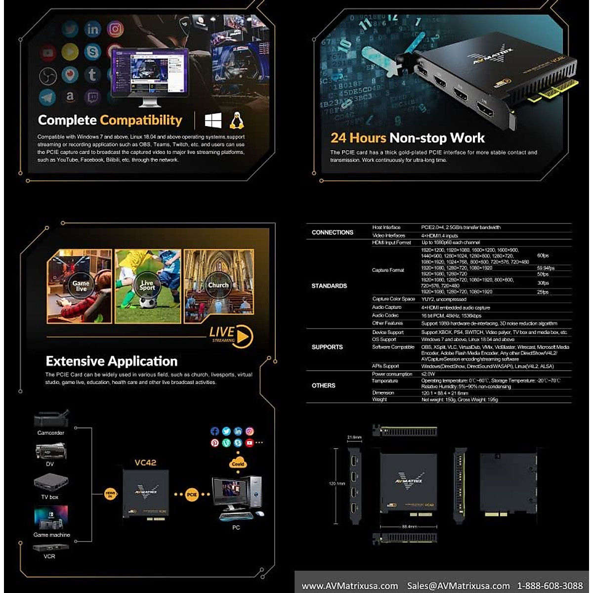 AVMATRIX VC42 4-CH HDMI PCIE Capture Card HDMI 1.4 simultaneous Input and Capture