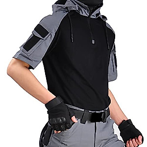 Men's Combat Shirts Tactical Short Sleeve Shirt Cargo Military Airsoft T-Shirt with Hood Gray