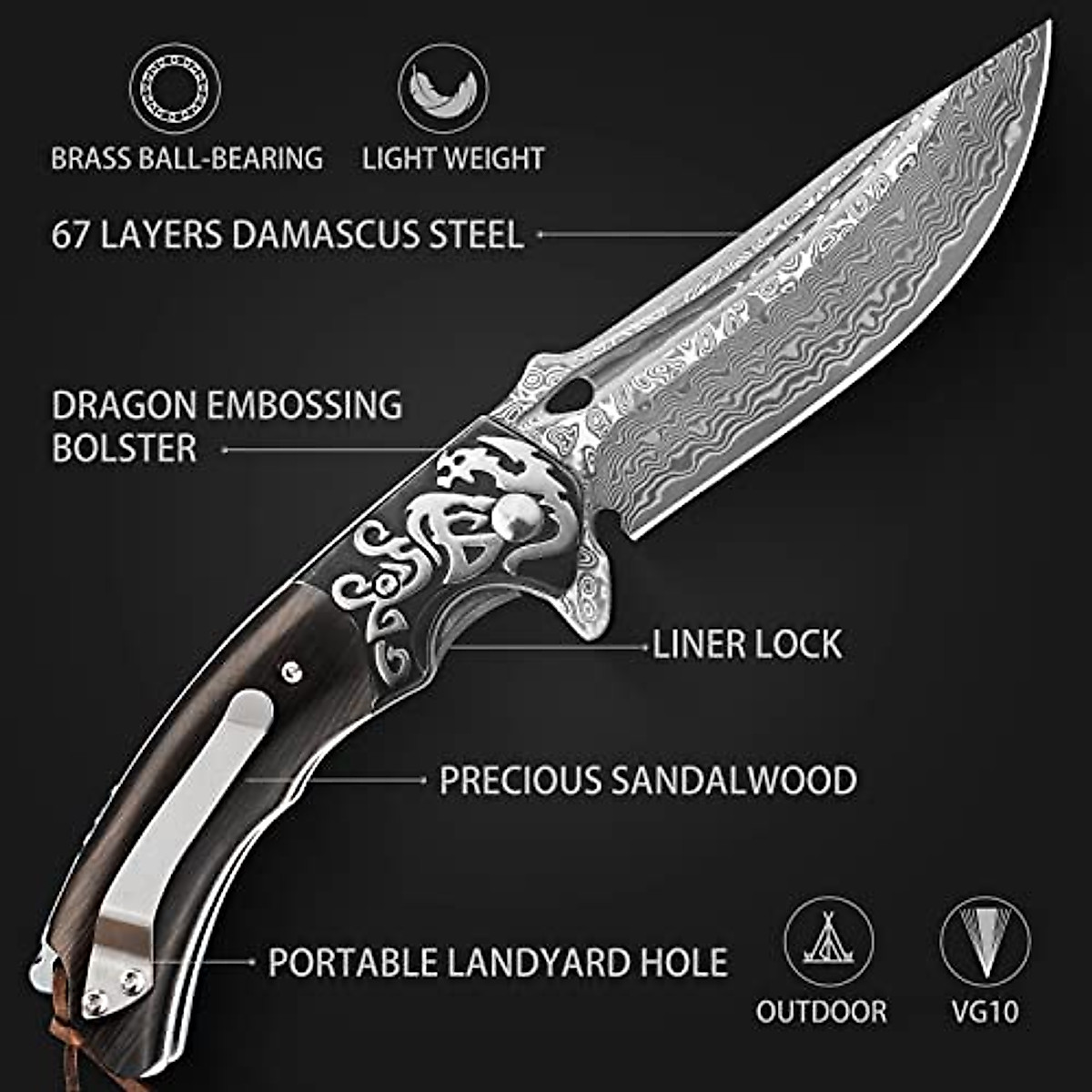 LOTHAR Damascus Pocket Knife for Men, Handmade Forged VG10 Damascus Folding Knife with Clip and Retro Leather Sheath, Men Gifts for Birthday, Anniversaries, Christmas Stocking Stuffers for Men (Black Sandalwood)