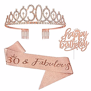 Janinus 30th Birthday Tiara And Sash For Women Rose Gold 30th Birthday Decorations For Her - Rose Gold 30th Birthday Sash, Crown/Tiara and Birthday Cake Toppers 30th Birthday Gifts For Her
