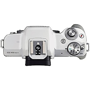 Canon EOS M50 Mark II Mirrorless Camera with 15-45mm Lens (White) (4729C004) + 64GB Memory Card + Card Reader + Case + Flex Tripod + Hand Strap + Memory Wallet + Cap Keeper + Cleaning Kit (Renewed)