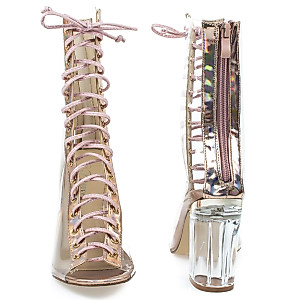 Forever Clear-45 Above Ankle Clear Peep Toe Lace Up Boots & Perspex Plexiglas Block Heel,Rosegold,5.5