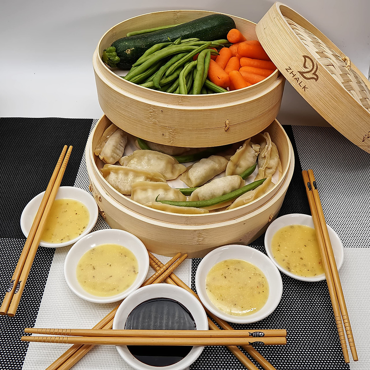 Zhalk Bamboo Steamer Basket, Steam Basket for Vegetables, Two-Tier Baskets, Multipurpose Food Steamer, Sturdy Dumpling Steamer Includes Liners, Quick and Easy to Use Bao Steamer