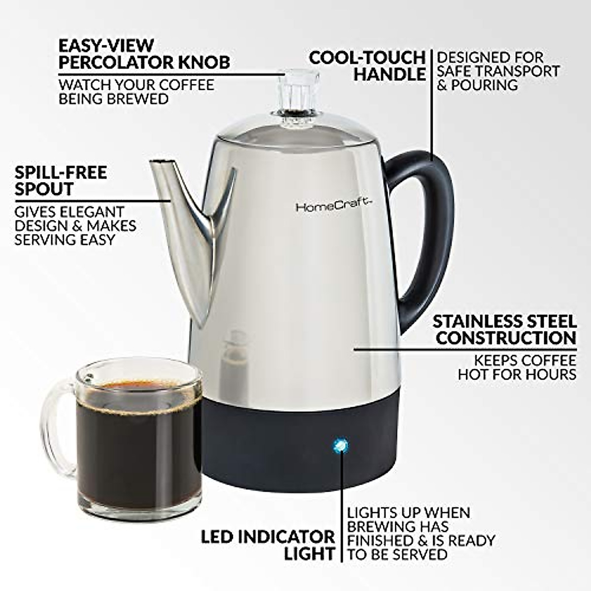 Homecraft HCPC10SS 10-Cup Stainless Steel Coffee Maker Percolator, Easy-Pour Spout, LED Indicator Light, Keep Warm Function