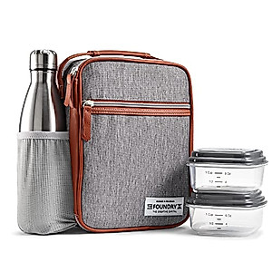 Foundry by Fit + Fresh, Thayer Insulated Lunch Bag with 2 Food Containers & a Stainless Steel Tumbler, Reusable Lunch Box & Mini Cooler Bag, Perfect for School, Work, Picnics & More, Grey