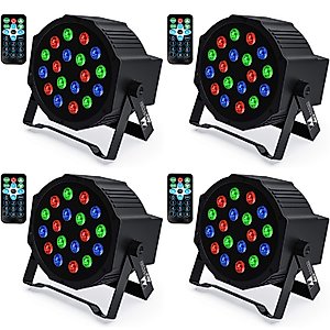 Missyee 18 RGB LED DJ Stage Uplight -DMX Control Sound Activated with Remote Control and 7 Modes LED for Wedding, Events, Christmas and Halloween Music Disco Party -R&D in USA -4 Pack