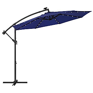 SONGMICS 10 ft Cantilever Patio Umbrella with Solar-Powered LED Lights, Outdoor Offset Umbrella with Base, Pool Garden Deck, Crank for Opening Closing, Water-Repellent, UPF 50+, Navy Blue UGPU118L01