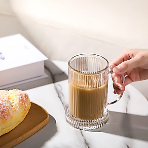 2 Pieces Clear Glass Coffee Mugs with Glass Lids Vintage Vertical Stripes Tea Mug Classic Ribbed Glasses with Handles Clear Coffee Cups for Espresso Latte Anniversary Xmas 14 oz (Clear)