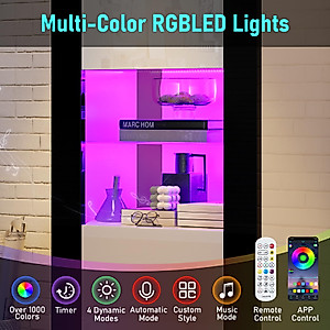 VanAcc High Gloss Modern Bookcase with LED Strip, Tall Bookshelf with Glass Adjustable Shelves, Bookcase with Doors for Living Room, Office, White