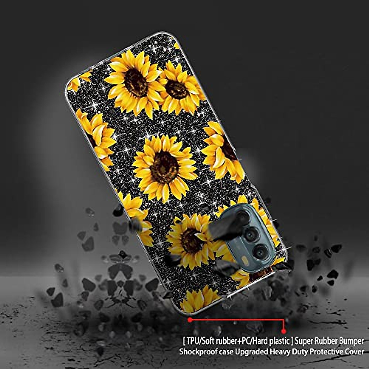 DDTKZC for Moto G Stylus 5G 2022 Phone Case，Moto G Stylus 5G 2022 Case Tempered Glass Protector Lustre Pattern-Sparkle 3 in 1 Clear Shockproof Case for Moto G Stylus 5G 2022 (Yellow Sunflower)